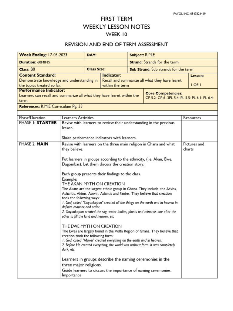 RME Term 1 Lesson Plan for Basic 8 | PDF | Learning | Curriculum