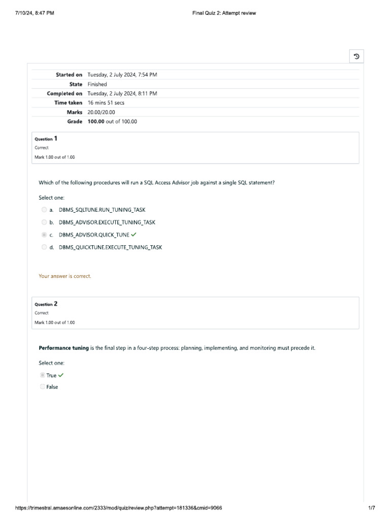 Advanced Database Management Systems Finals Quiz 2 | PDF