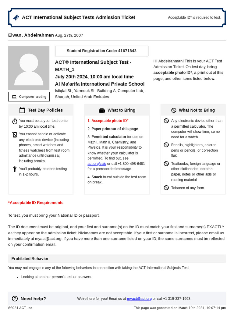 ACT International Subject Tests Admission Ticket: Elwan, Abdelrahman | PDF