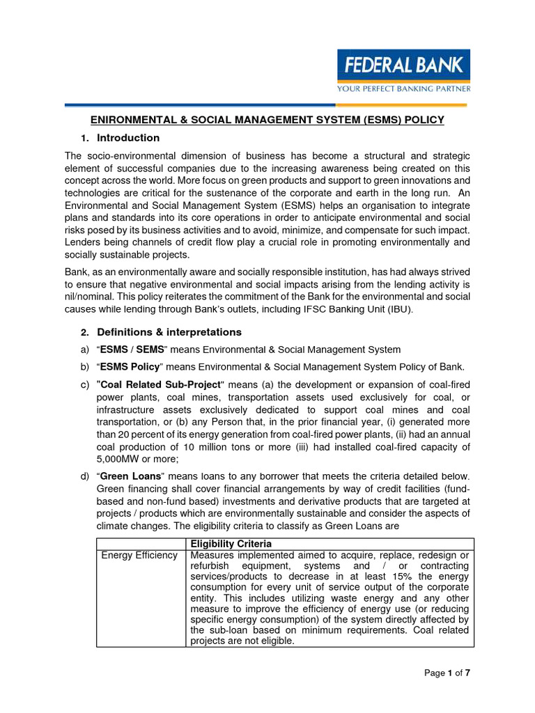 Environmental and Social Management System (ESMS) Policy July | PDF ...