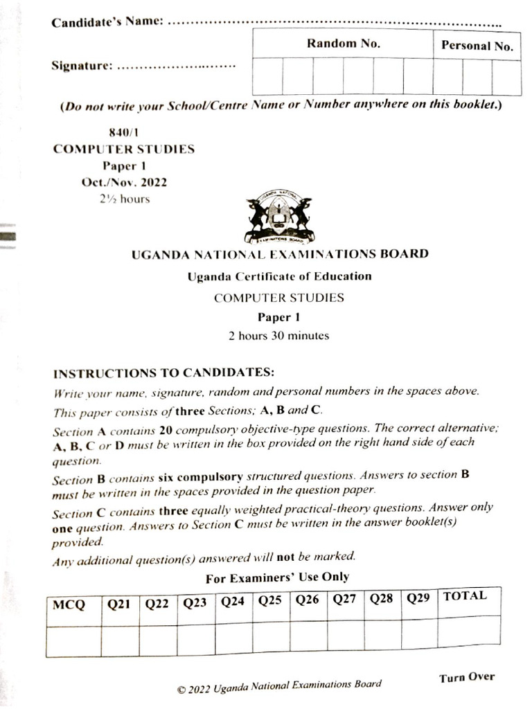 UNEB COMPUTER STUDIES Paper 1 2022 | PDF