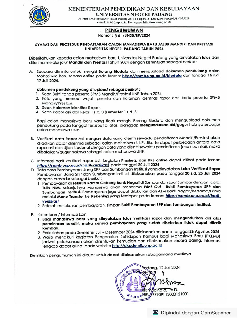 Syarat & prosedur pendaftaran maba mandiri UNP | PDF