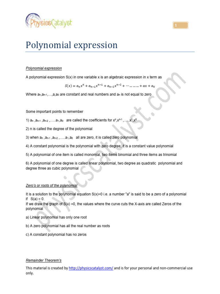 Polynomial Expression Cheatsheet | PDF