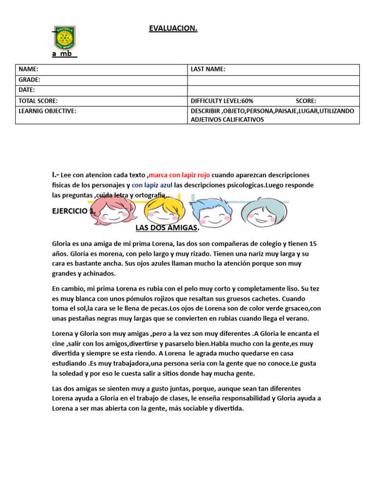 Prueba de Adjetivos Documento de Microsoft Word | PDF