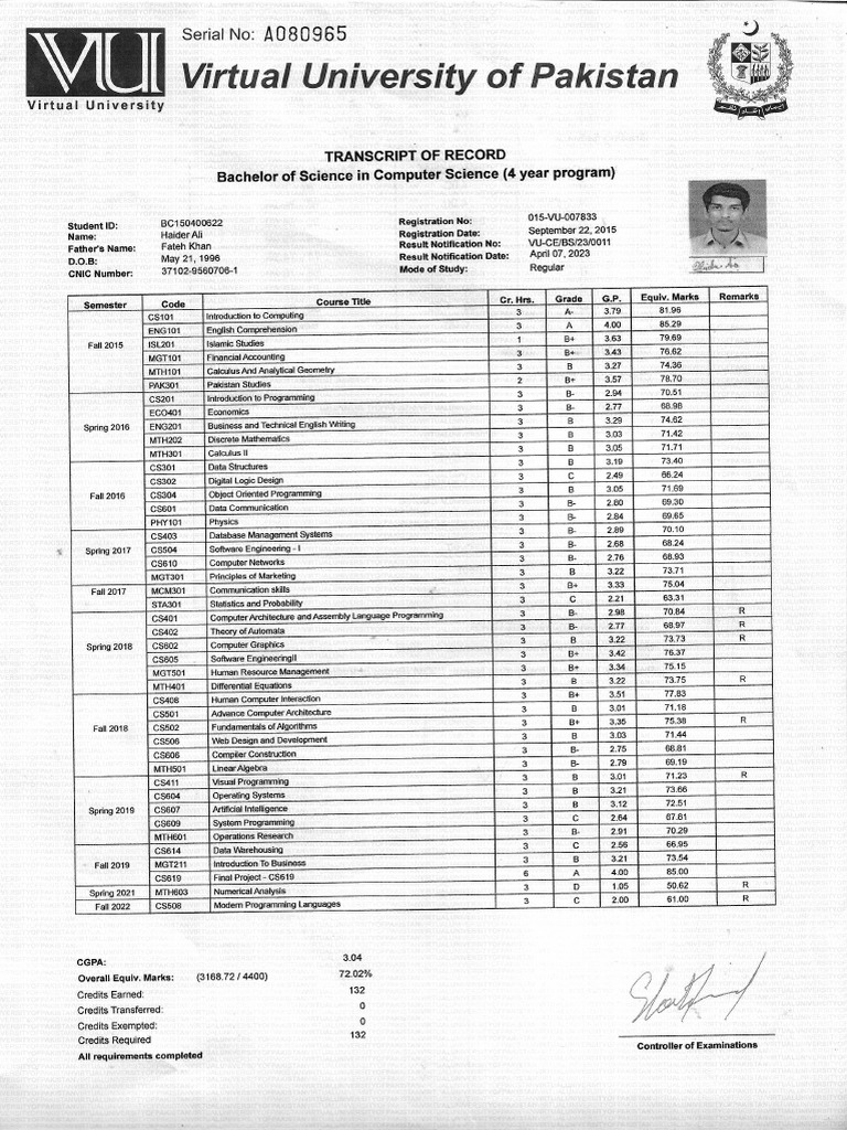 BSCS - VU Final Transcript - Scan - 07!06!2023 - 1733 | PDF