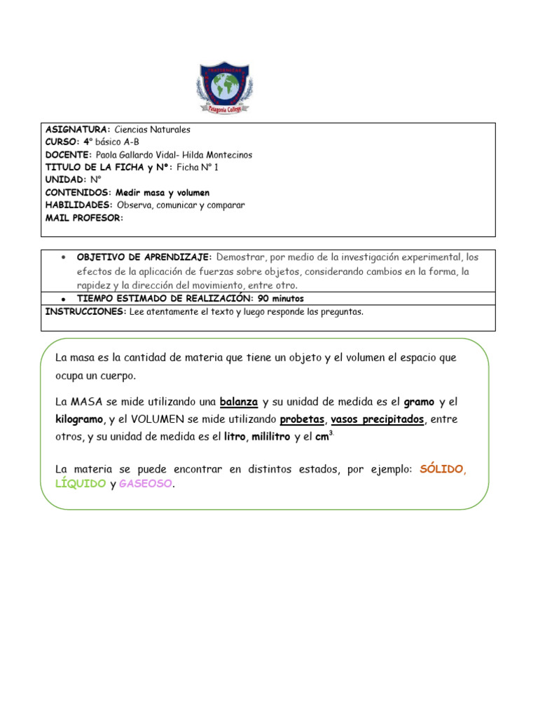 Ficha 1 4° Básico Abril | PDF | Volumen | Termómetro