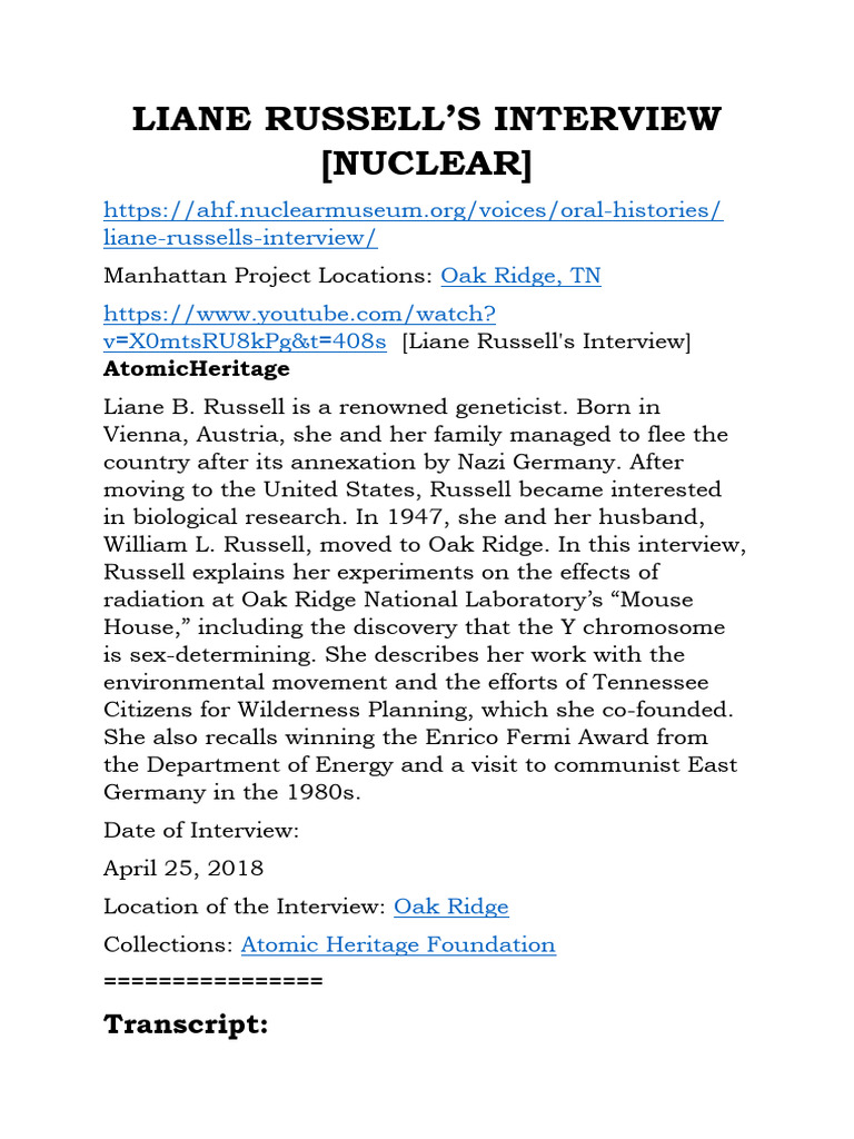 Liane Russell's Interview (Nuclear) | PDF | Biology | Genetics