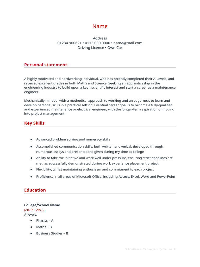 School Leaver CV Template | PDF