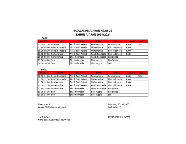 Jadwal Pelajaran Kelas 2B 2023/2024 | PDF