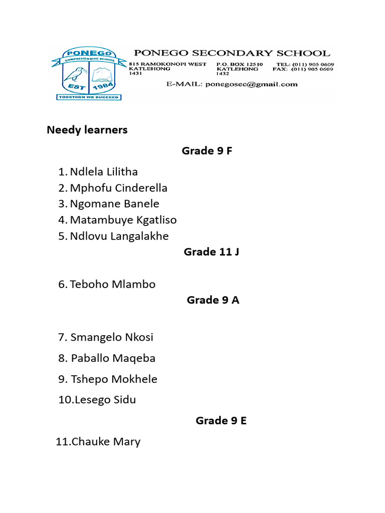 Needy Learners List by Grade | PDF