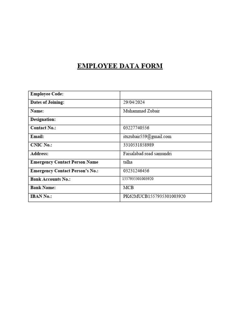 Employee Data Form Template | PDF
