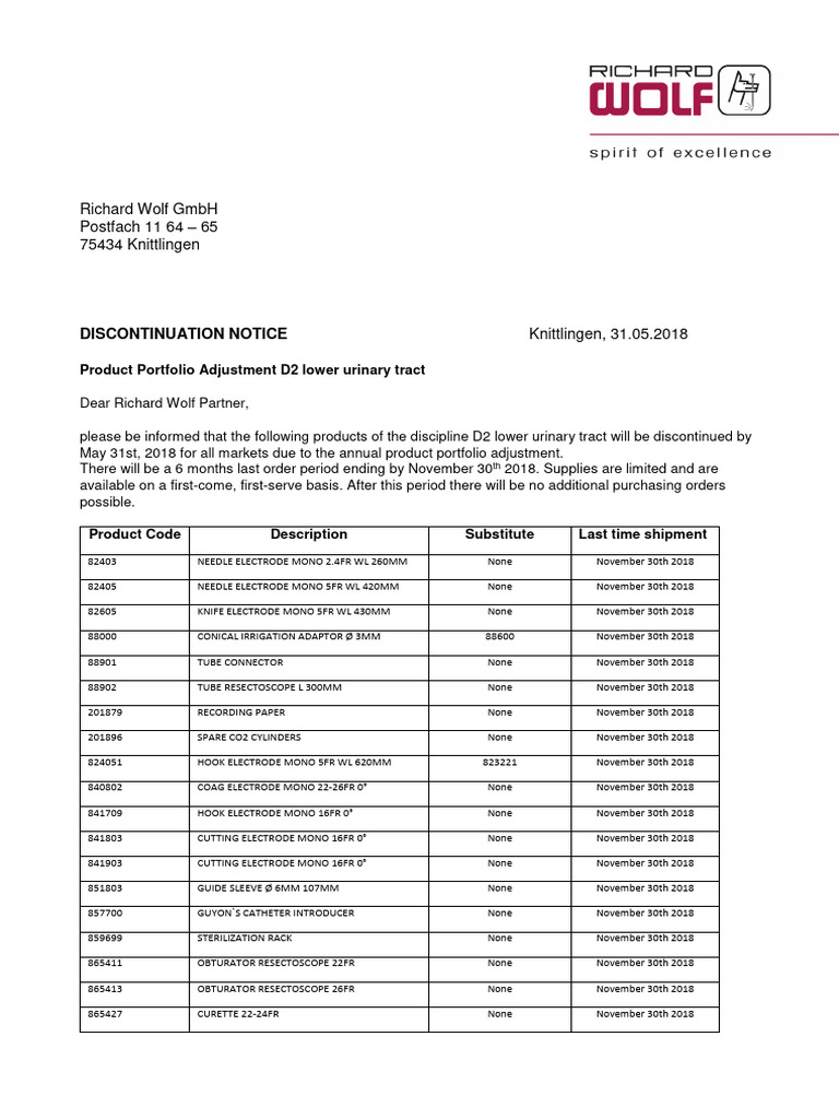 Discontinuation Notice D2 - EN - Richard Wolf GMBH | PDF | Medical ...