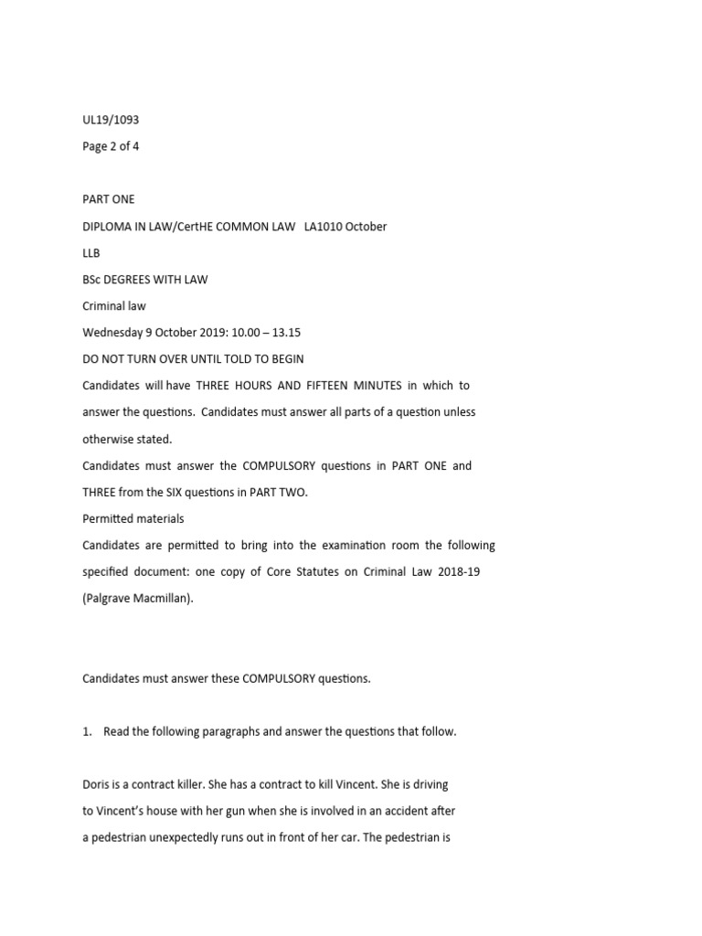 Criminal Law Exam: October 2019 | PDF | Manslaughter | Murder