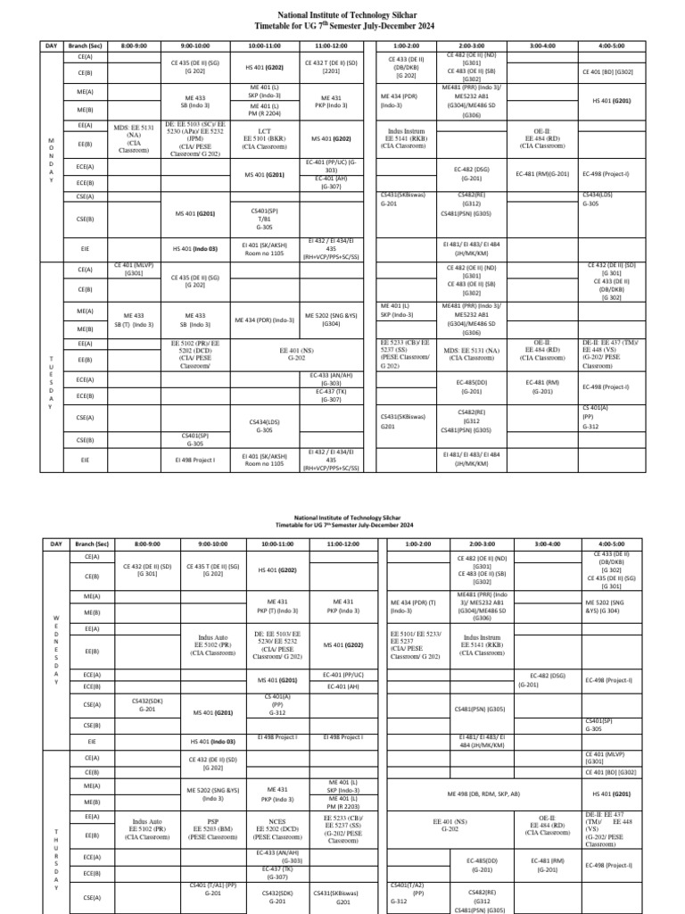 V0 - Timetable-UG-7th Semester-July-Dec-2024 | PDF | Engineering | Instrumentation