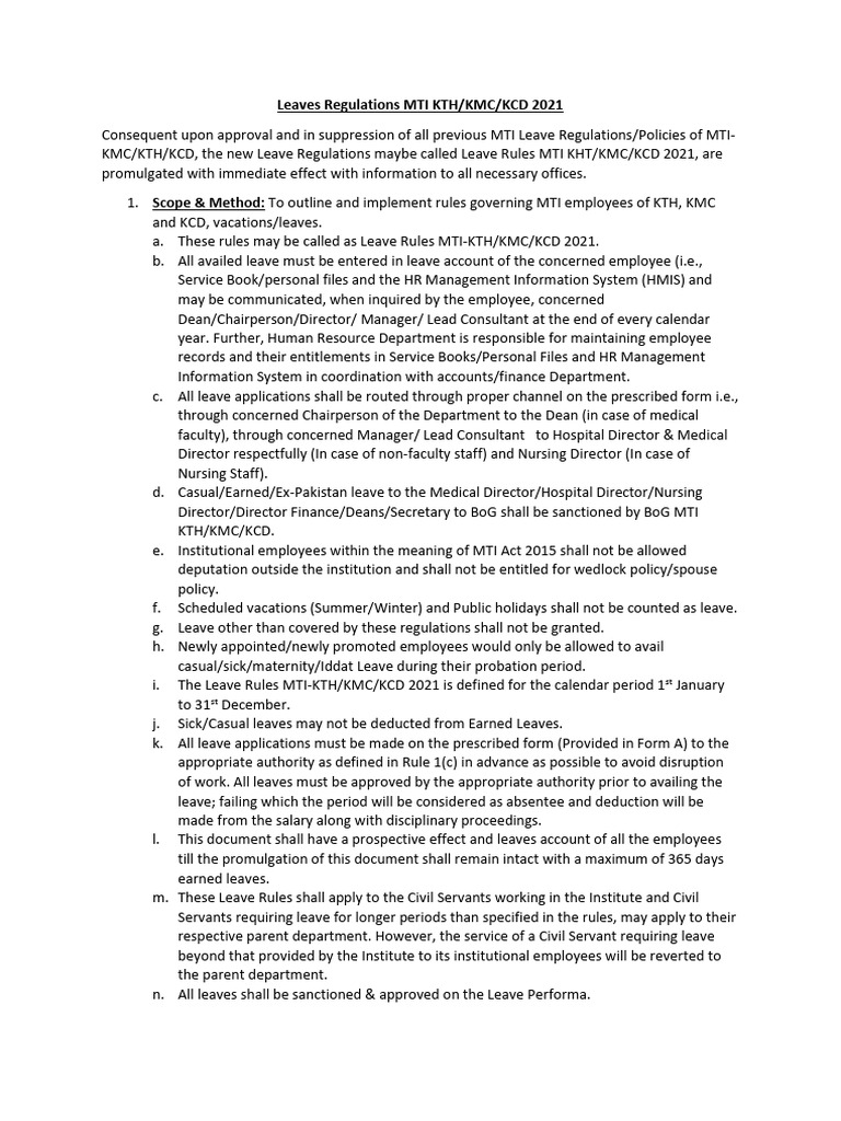 MTI Leave Rules KTH/KMC/KCD 2021 | PDF | Sick Leave | Salary