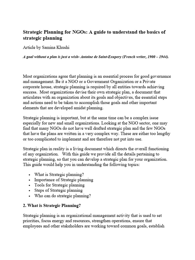 Strategic Planning For NGOs Article by Samina Kushi | PDF | Swot ...