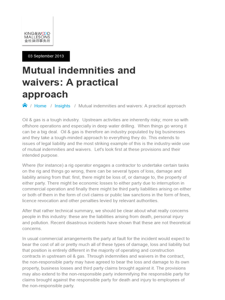 Mutual Indemnities and Waivers - A Practical Approach | PDF | Indemnity ...