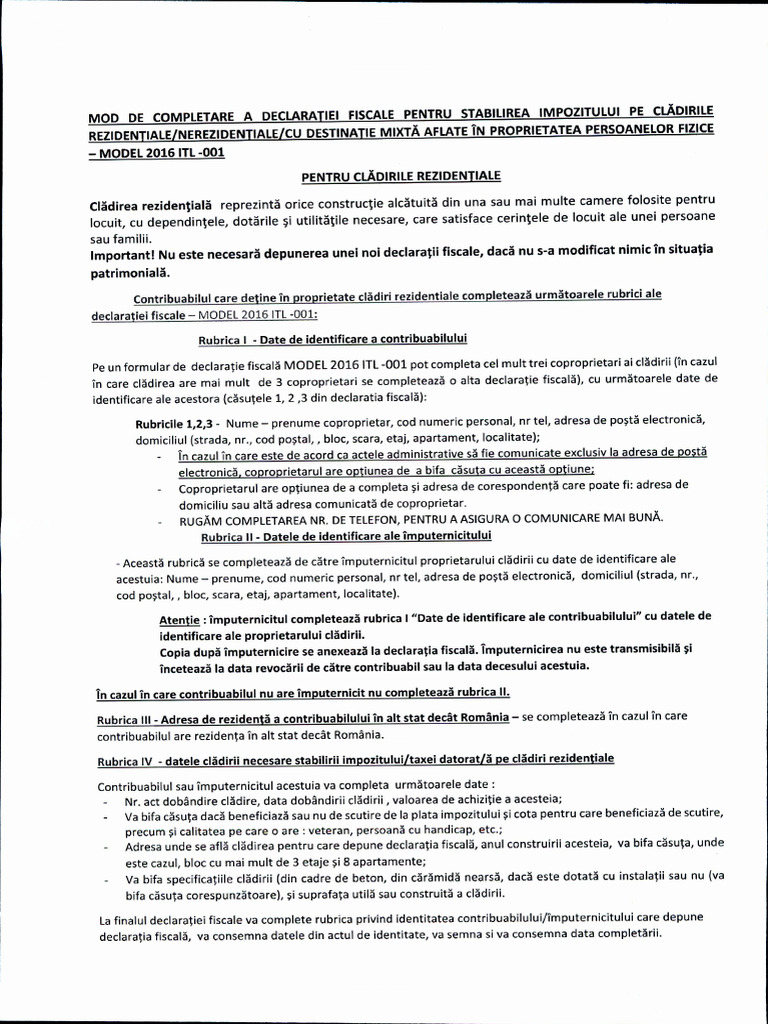 Mod de Completare Declaratie Fiscala Cladiri Model 2016 ITL 001 | PDF