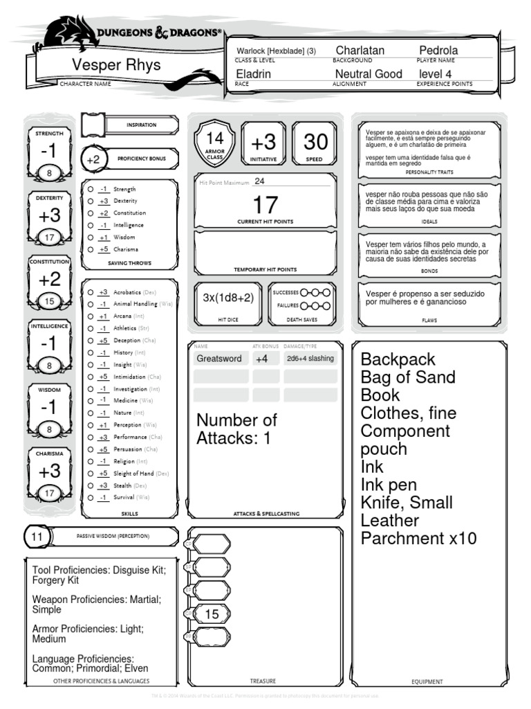 Vesper - Rhys Ficha Warlock Hexblade | PDF