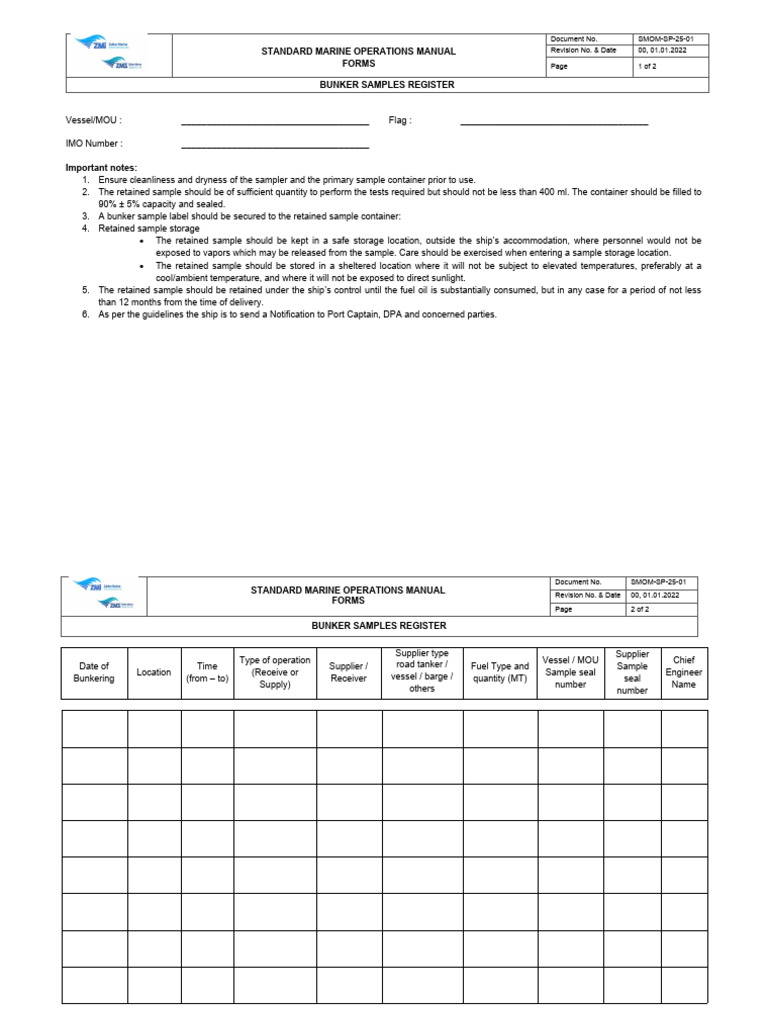 SMOM SP 25 01 Bunker Samples Register | PDF | Shipping
