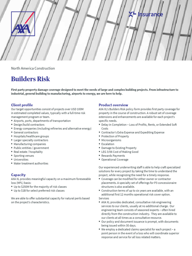 Builders Risk ProductSheet - AXA | PDF | Reinsurance | Underwriting