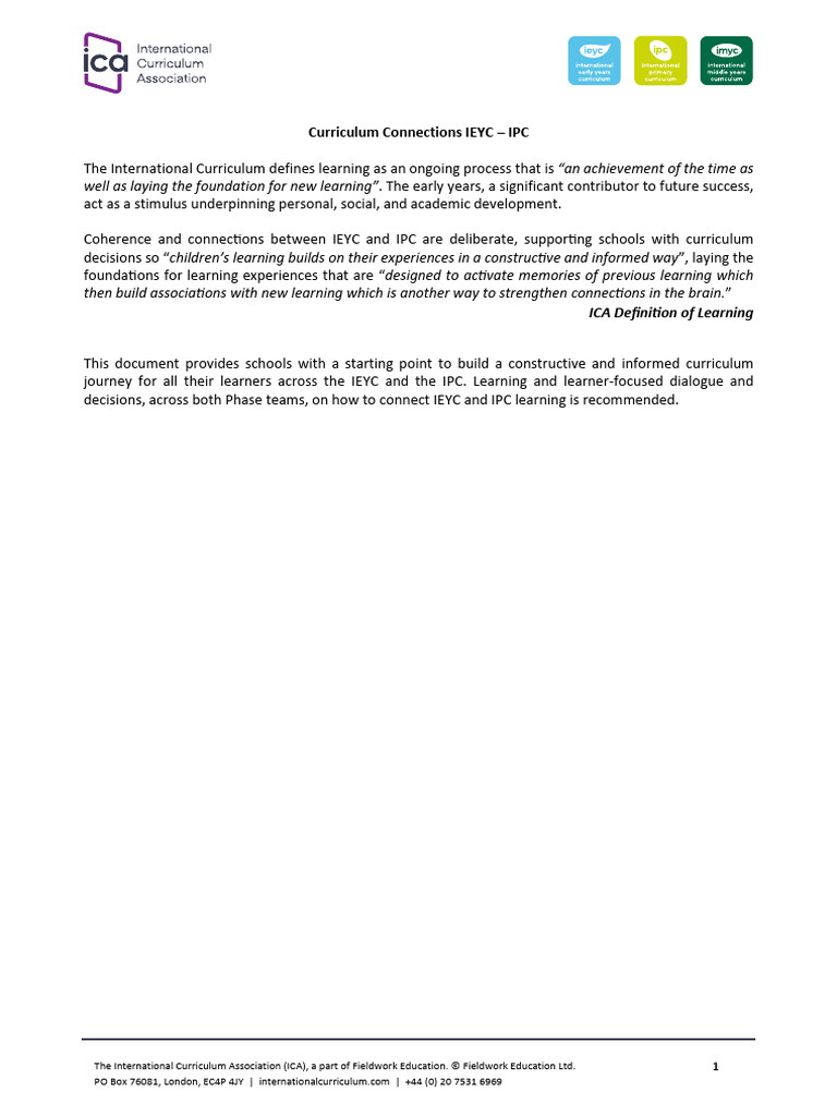 IEYC IPC Curriculum Connections | PDF | Curriculum | Learning
