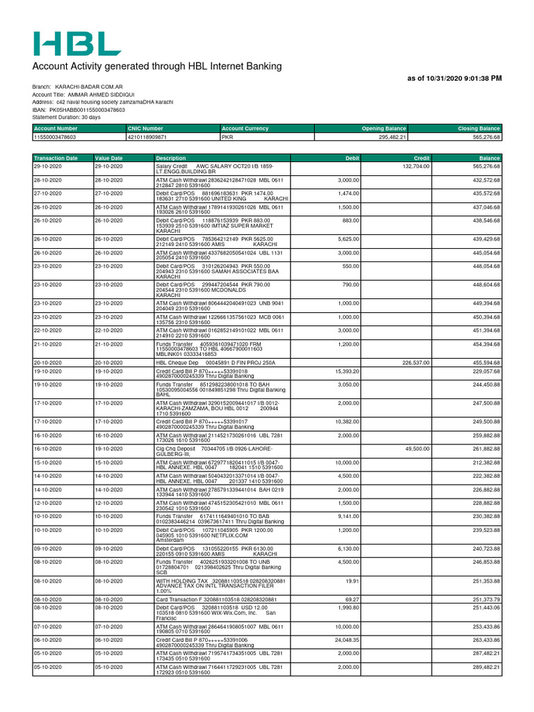 October 2020 HBL Account Statement | PDF | Debit Card | Automated ...