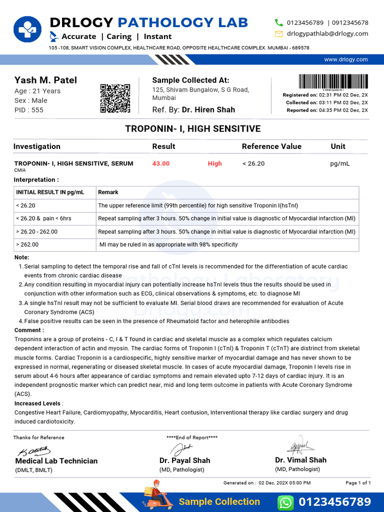 TROPONIN I Test Report Format Example Sample Template Drlogy Lab Report ...