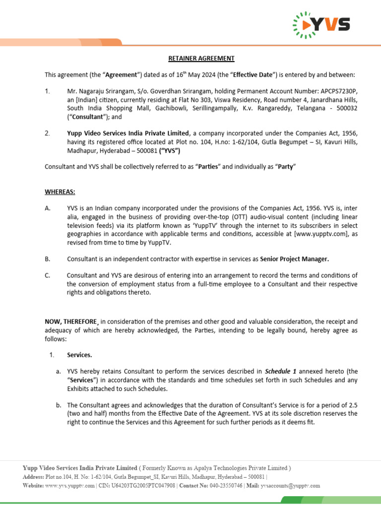 Retainer Agreement - Nagaraju Srirangam | PDF | Indemnity | Breach Of Contract
