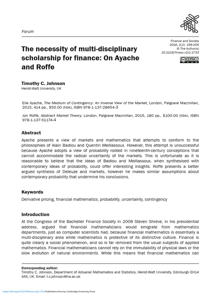 Timothy C. Johnson - The Necessity of Multi-Disciplinary Scholarship For Finance. On Ayache and ...