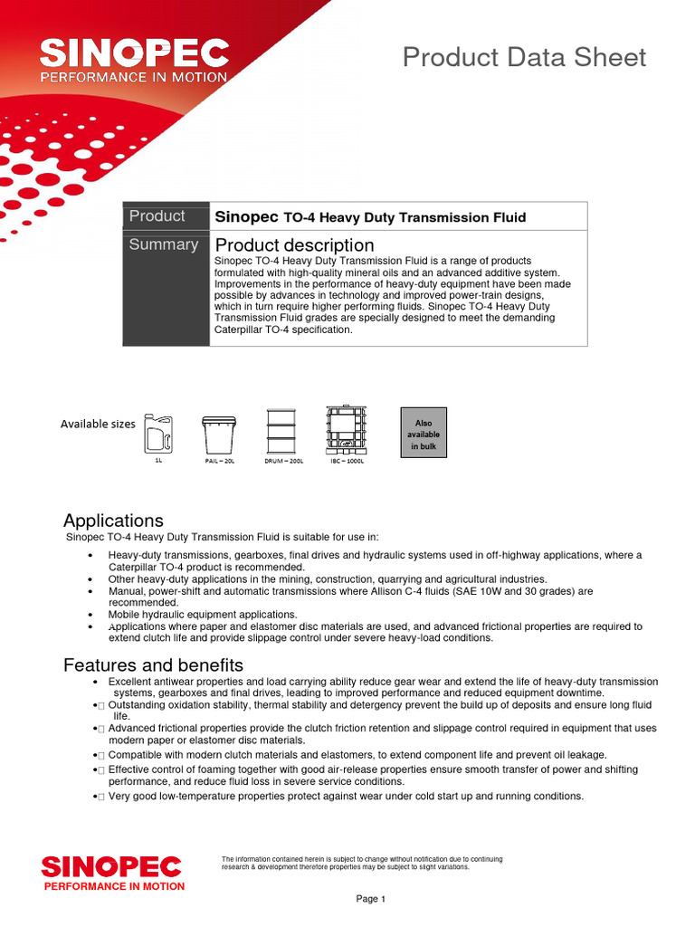 Sinopec to-4 Heavy Duty Transmission Fluid | Download Free PDF | Clutch ...