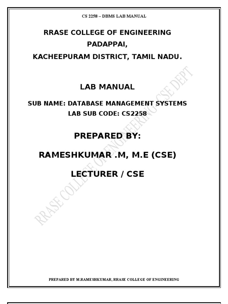 Cs2258 Dbms Lab Manual | PDF | Pl/Sql | Sql