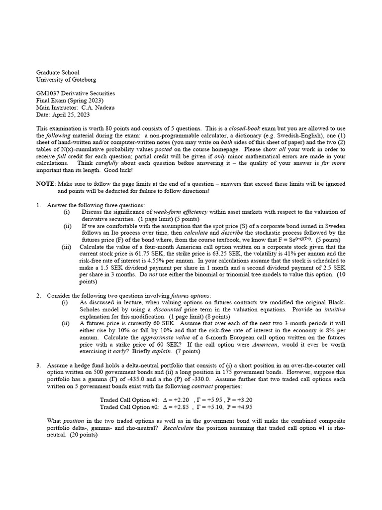 Example of Exam GM1037 230425 | PDF | Option (Finance) | Greeks (Finance)