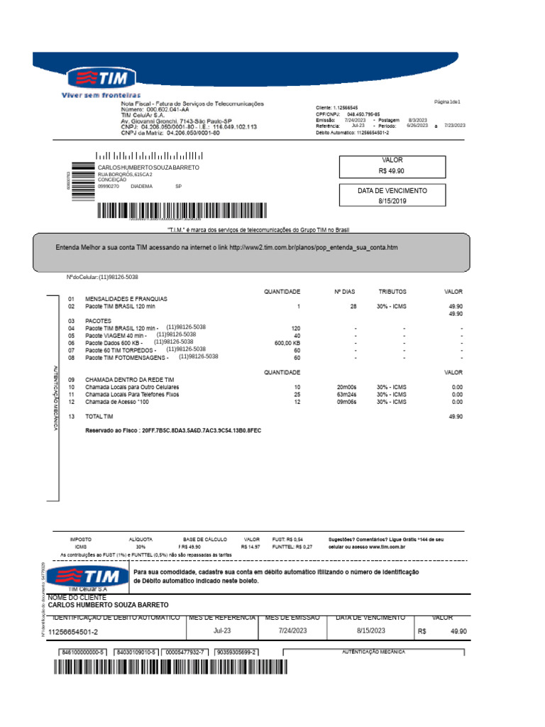Comprovante TIM | PDF | Telecomunicações | Indústrias de serviços