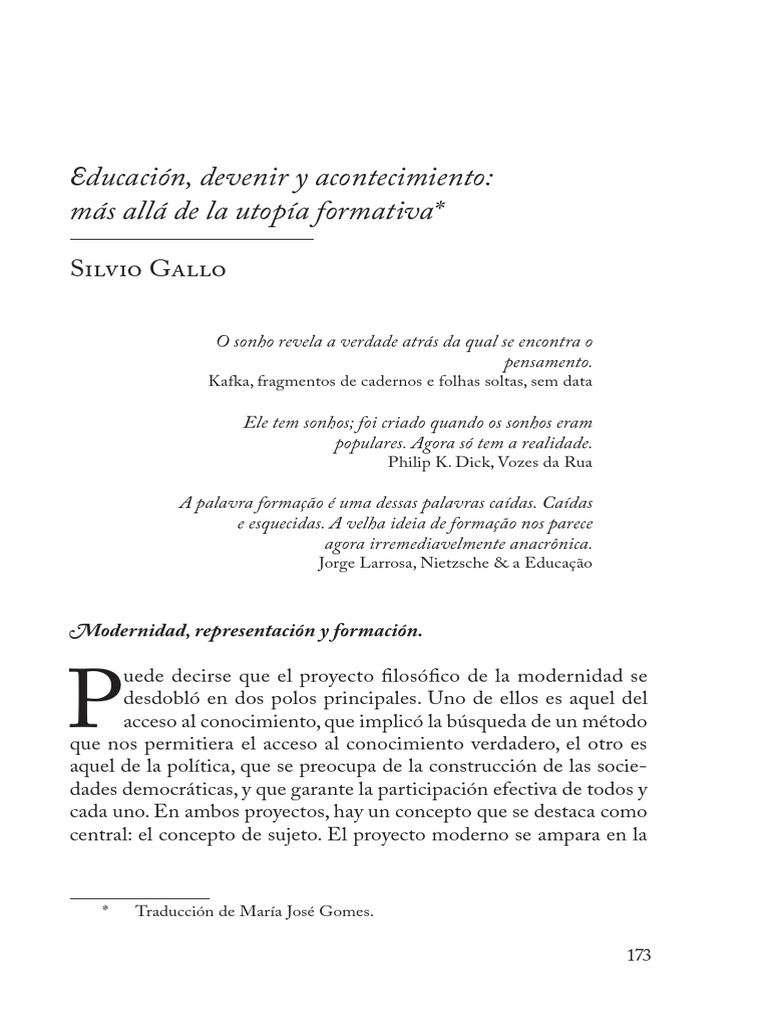 Silvio Gallo - Educación, Devenir y Acontecimiento. Más Allá de La Utopía Formativa Gallo | PDF ...