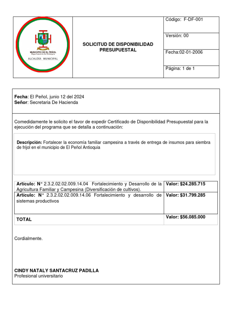 Solicitud de Certificado Presupuestal | PDF