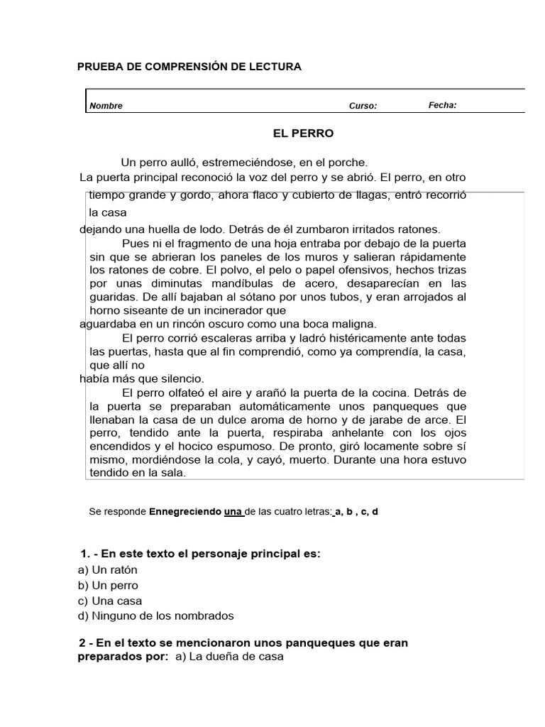 Comprensión de Lectura: El Perro | PDF