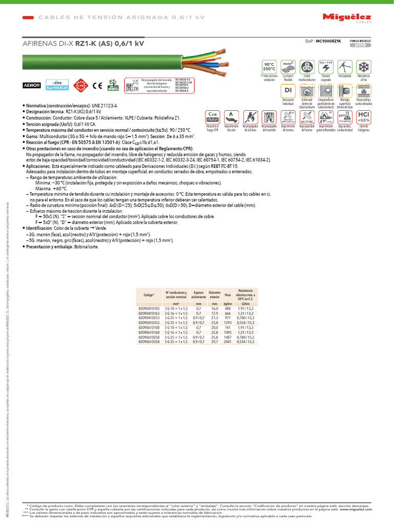 RZ1-K (AS) 0,6/1 KV: Afirenas Di-X | PDF | Ingenieria Eléctrica ...