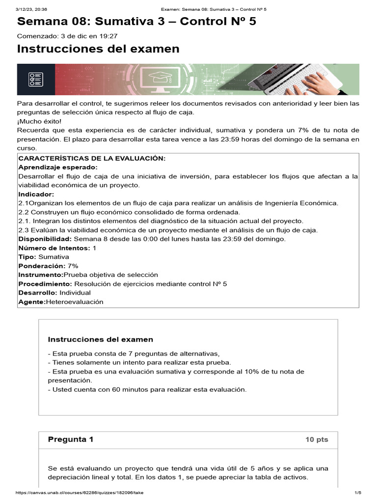 Examen - Semana 08 - Sumativa 3 - Control #5 | PDF | Negocios | Finanzas y administración del dinero