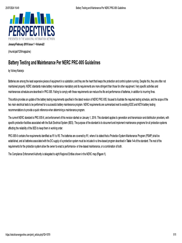 Battery Testing and Maintenance Per NERC PRC-005 Guidelines | PDF