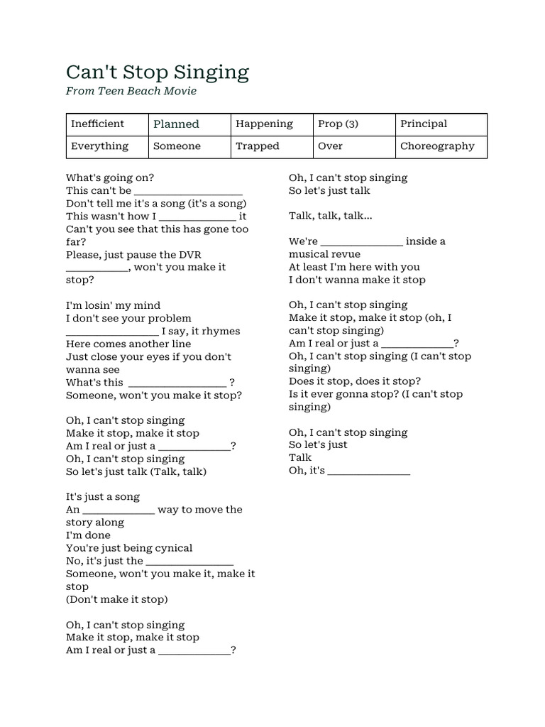 Can't Stop Singing (Fill The Spaces Activity) | PDF | Language Arts ... Can't Stop Singing (Fill The Spaces Activity) | PDF | Language Arts ...
