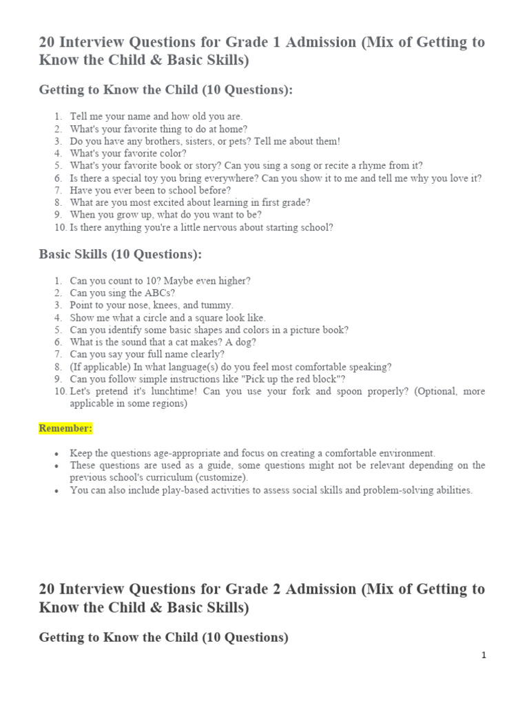 20 Interview Questions For Grades 1 - 2 - 3 Admission | PDF | Reading ...