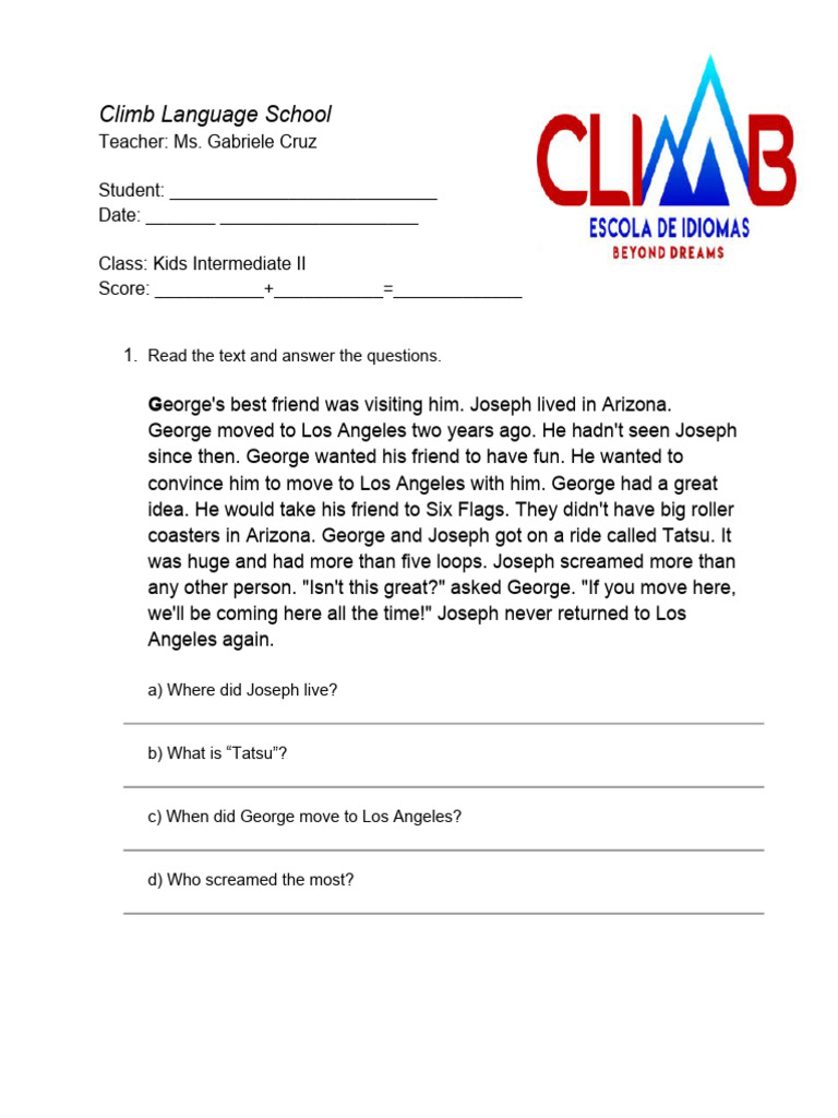 Kids Intermediate II Worksheet | PDF | Language Arts & Discipline ...