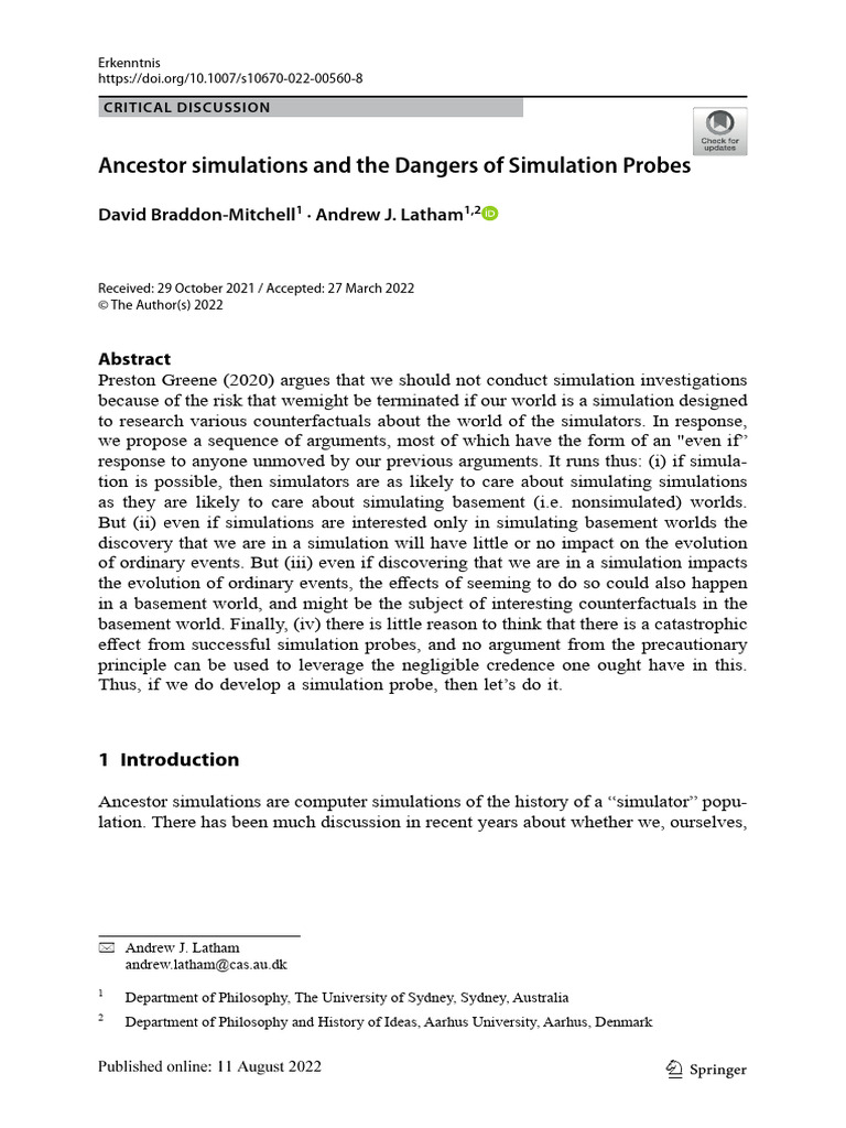 Braddon-Mitchell and Latham (2022) - Ancestor Simulations and The Dangers of Simulation Probes ...