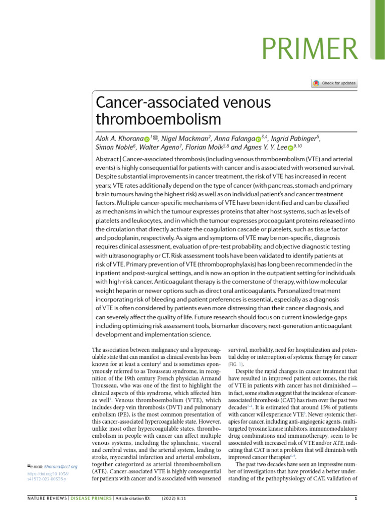 Cancer Associated Venous Thromboembolism | PDF | Thrombosis | Coagulation
