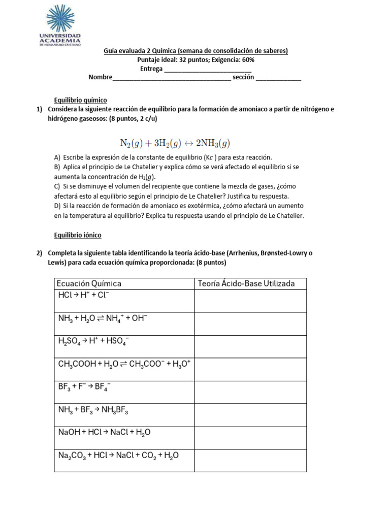 Guía Evaluada 2 Química UAHC 2024 | PDF | Equilibrio químico | Ácido
