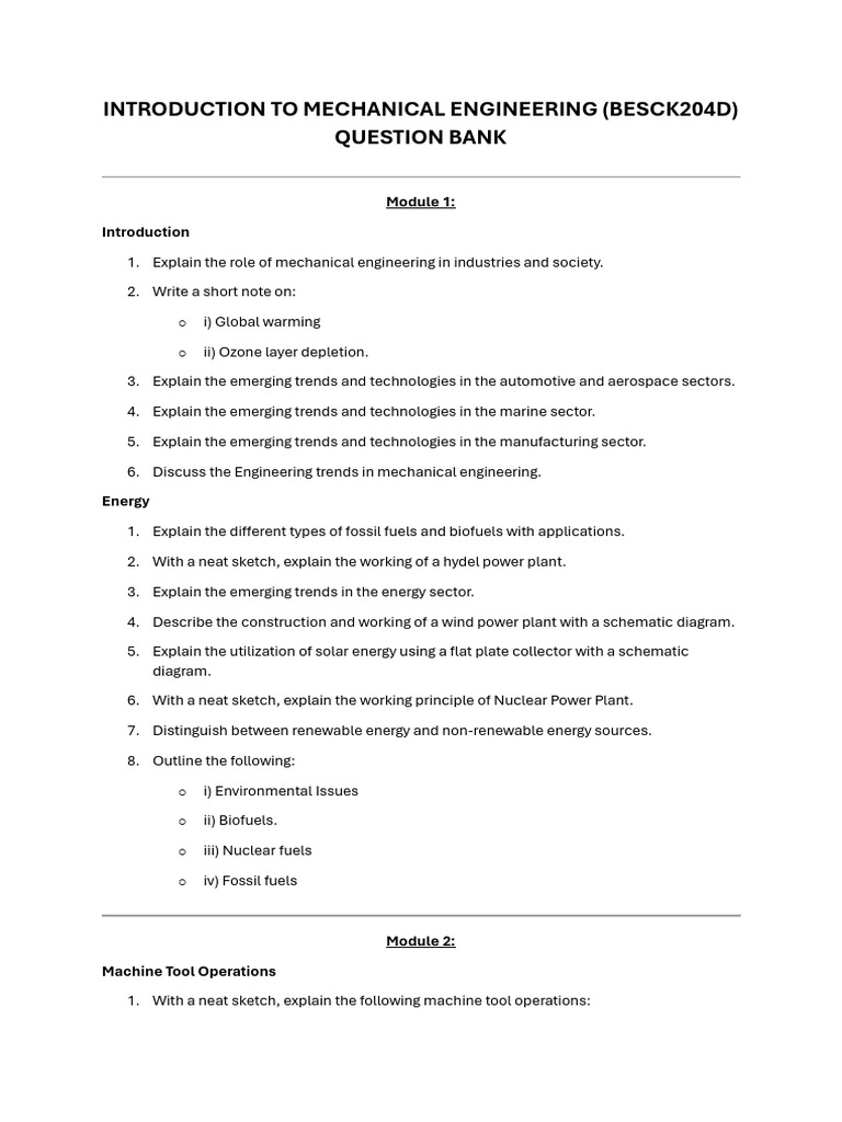 BESCK204D Mechanical Engineering Question Bank | PDF | Fuels | Welding