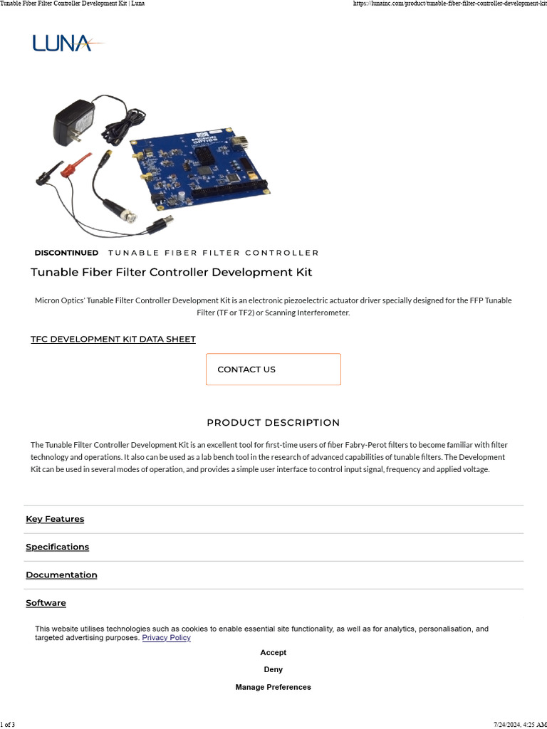 Tunable Fiber Filter Controller Development Kit - Luna | PDF | Filter (Signal Processing) | Optics
