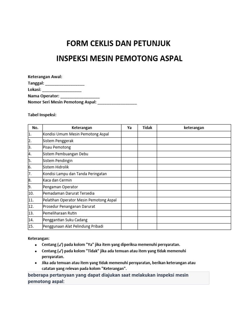 Form Ceklis Inspeksi Mesin Pemotong Aspal | PDF | Teknologi & Rekayasa