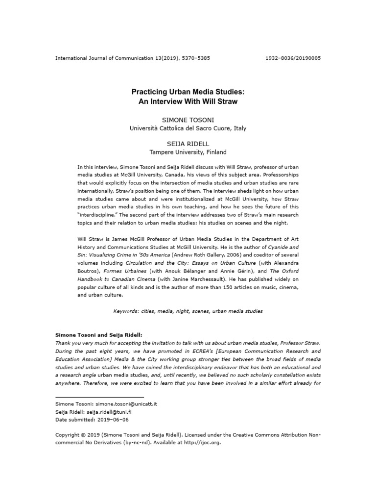 Practicing Urban Media Studies: An Interview With Will Straw | PDF ...